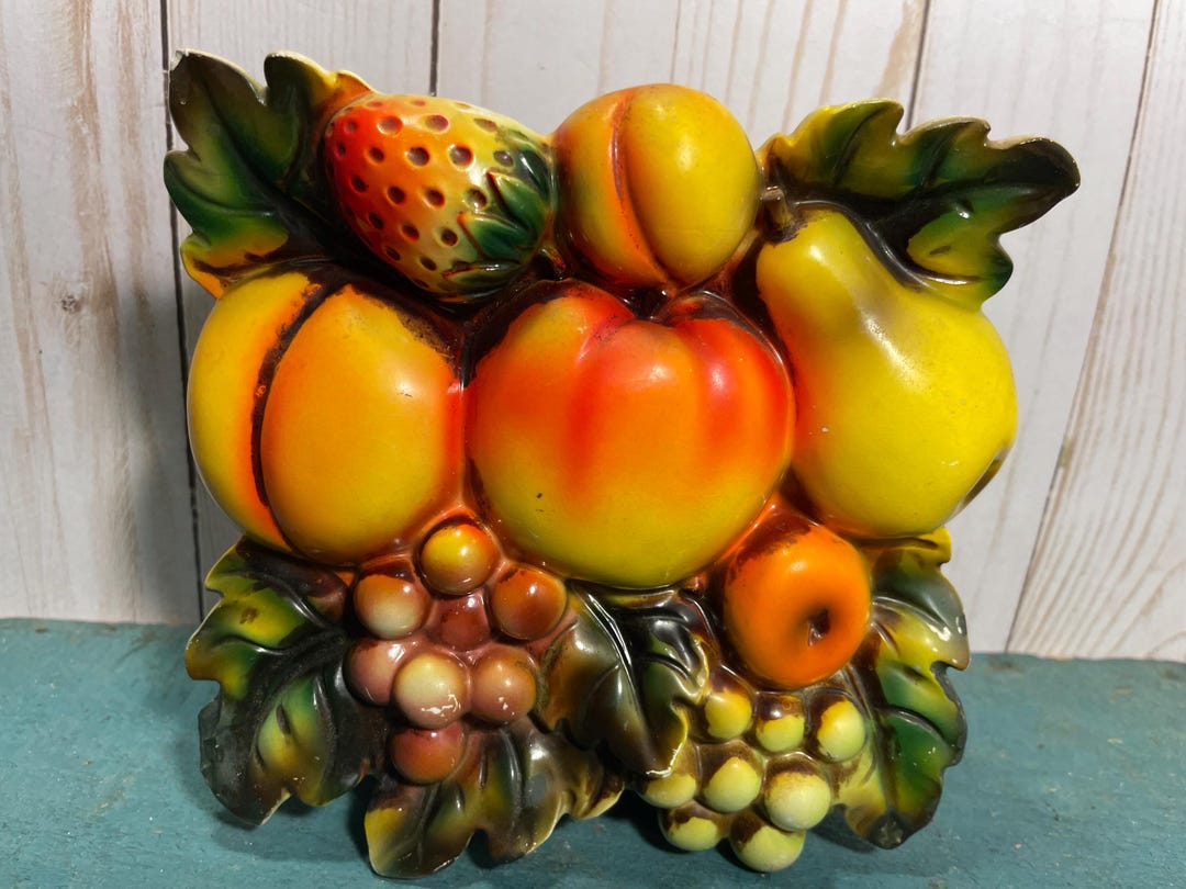 Vintage Hanging Fruit Chalkware Wall Pocket, Square Wall Vase, Retro ...