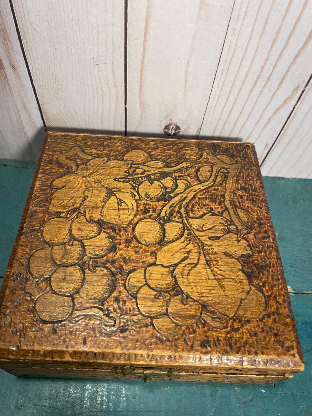 Victorian Pyrography Wooden Vanity Box, With Grape Leafs, Folk Art ...