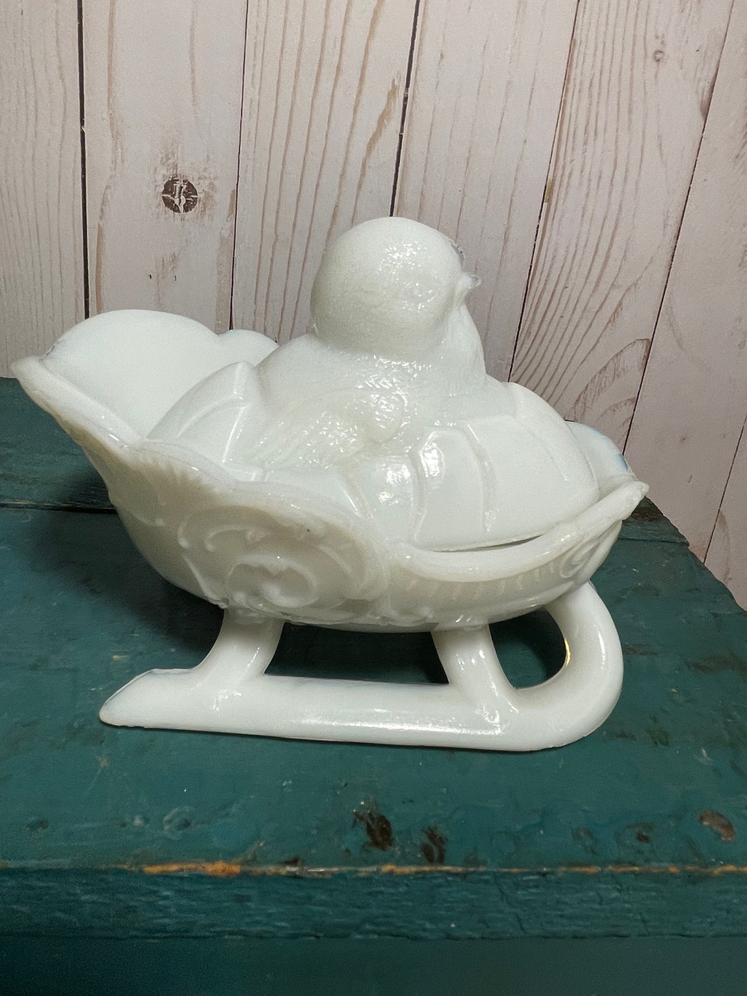 Vintage Chick on Sleigh, White Milk Glass, Covered Dish, Chick Hatching ...