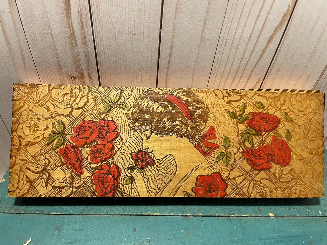 Victorian Pyrography Wooden Glove Box, Gibson Girl With Red Roses, Folk ...