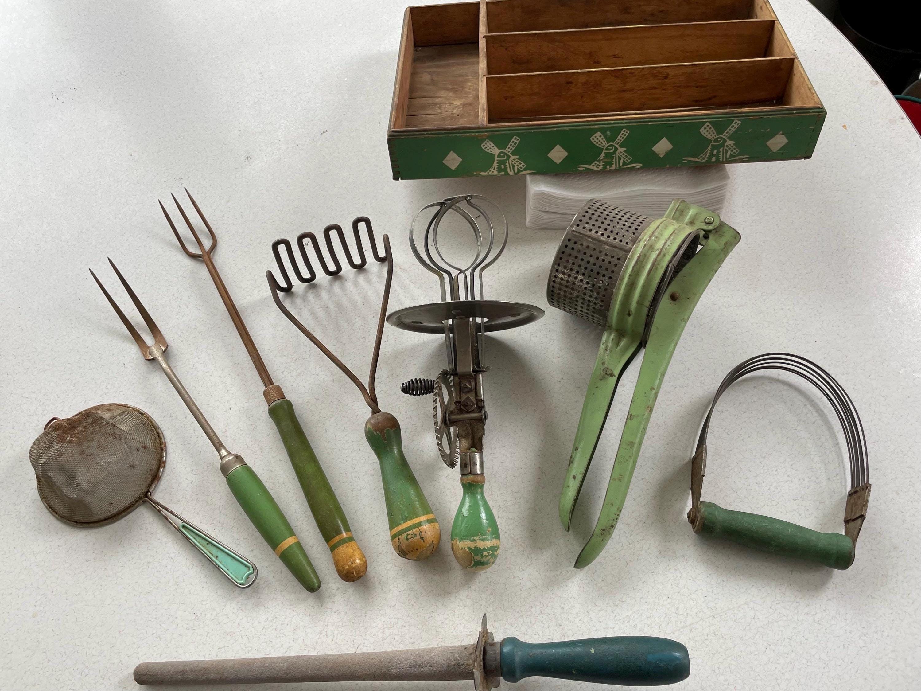Vintage Green Handle Kitchen Hand Tools, Larger Sizes, Farmhouse ...