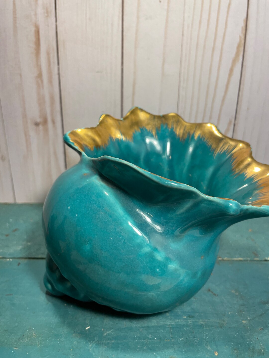 Vintage Teal Green Snail Shell, Porcelain, Gold Trim, Beach Decor ...