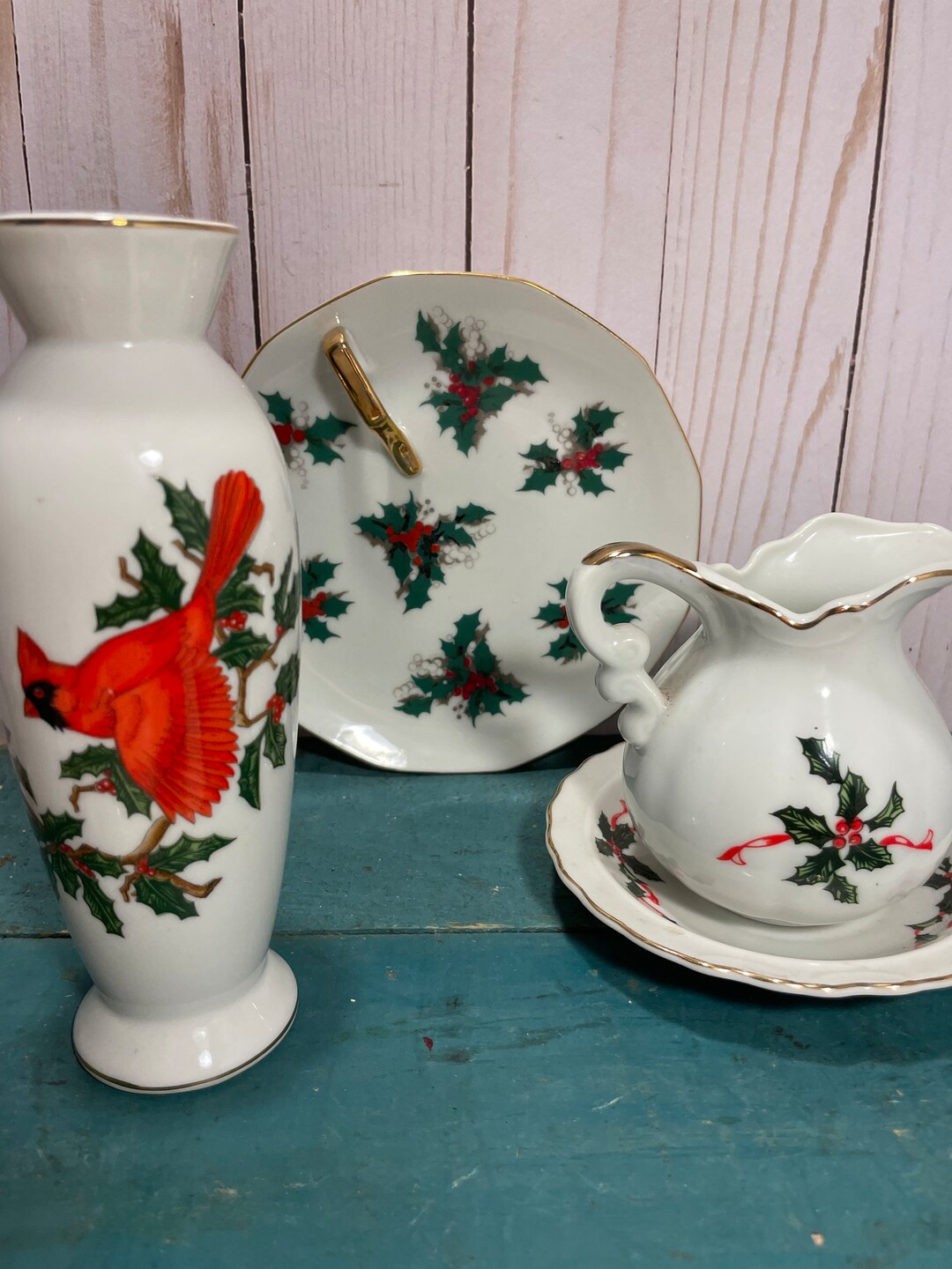 Vintage Lefton Christmas Pieces, Bud Vase With Cardinal, Other Pieces ...