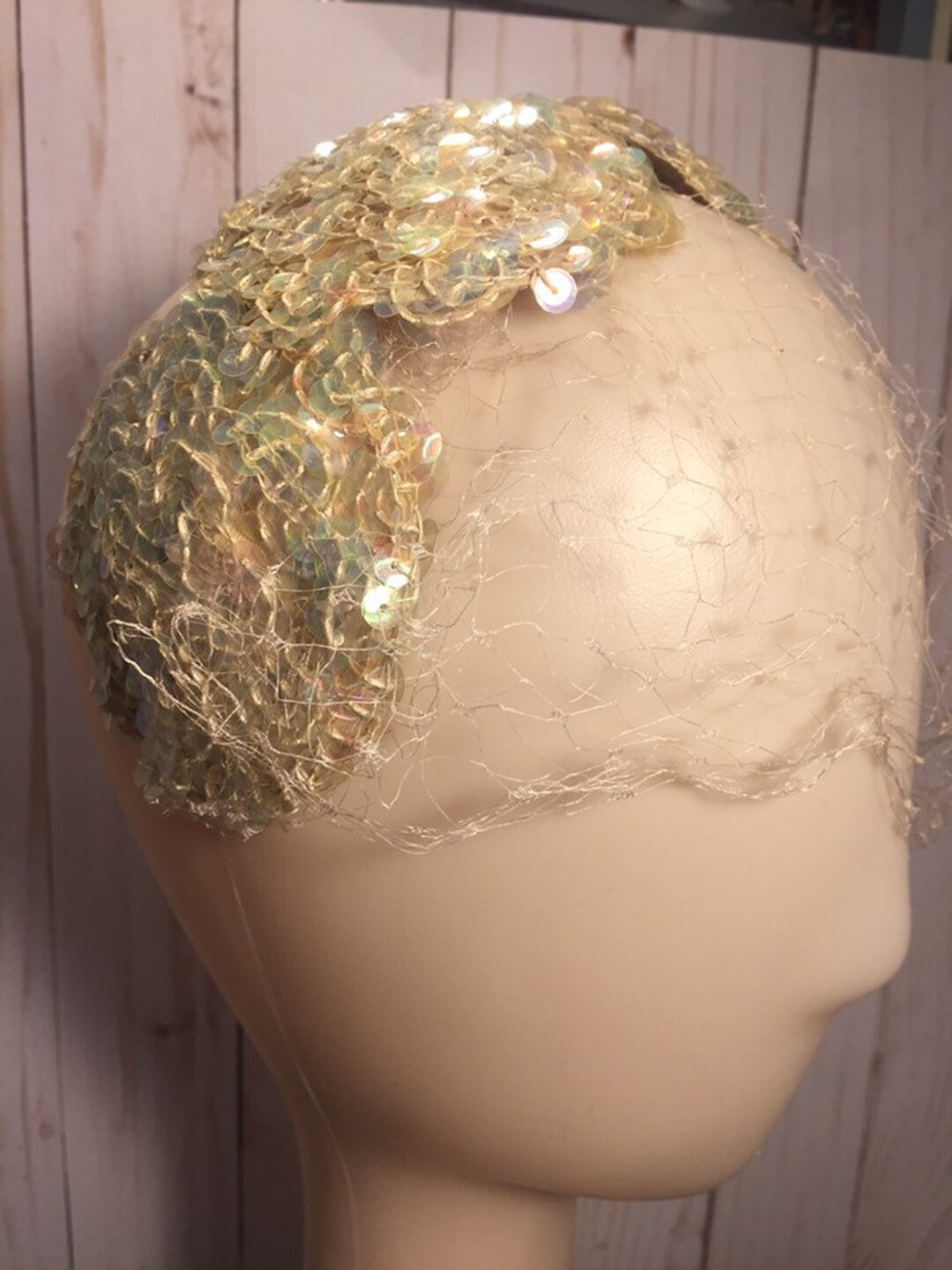Vintage Headband Demi-hat Fascinator, Champagne Spangles and Netting ...