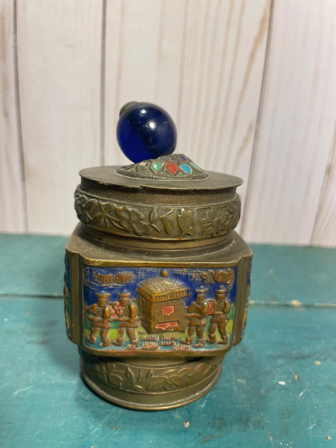 Antique Chinese Tea Caddy, Enamel or Brass, Blue Glass Handle, Asian ...