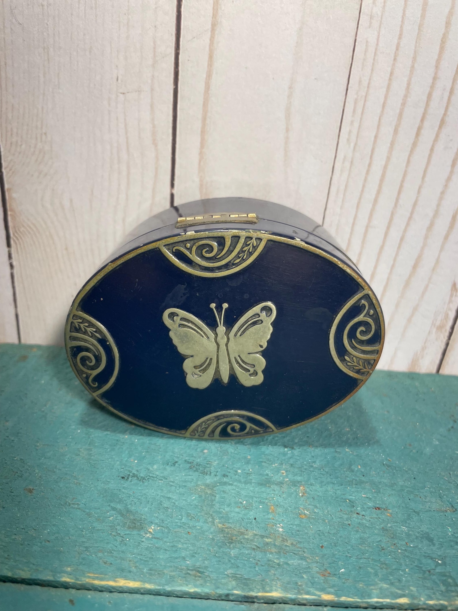 Vintage Face Powder Box, Blue Enamel With Silver Butterfly, Footed ...