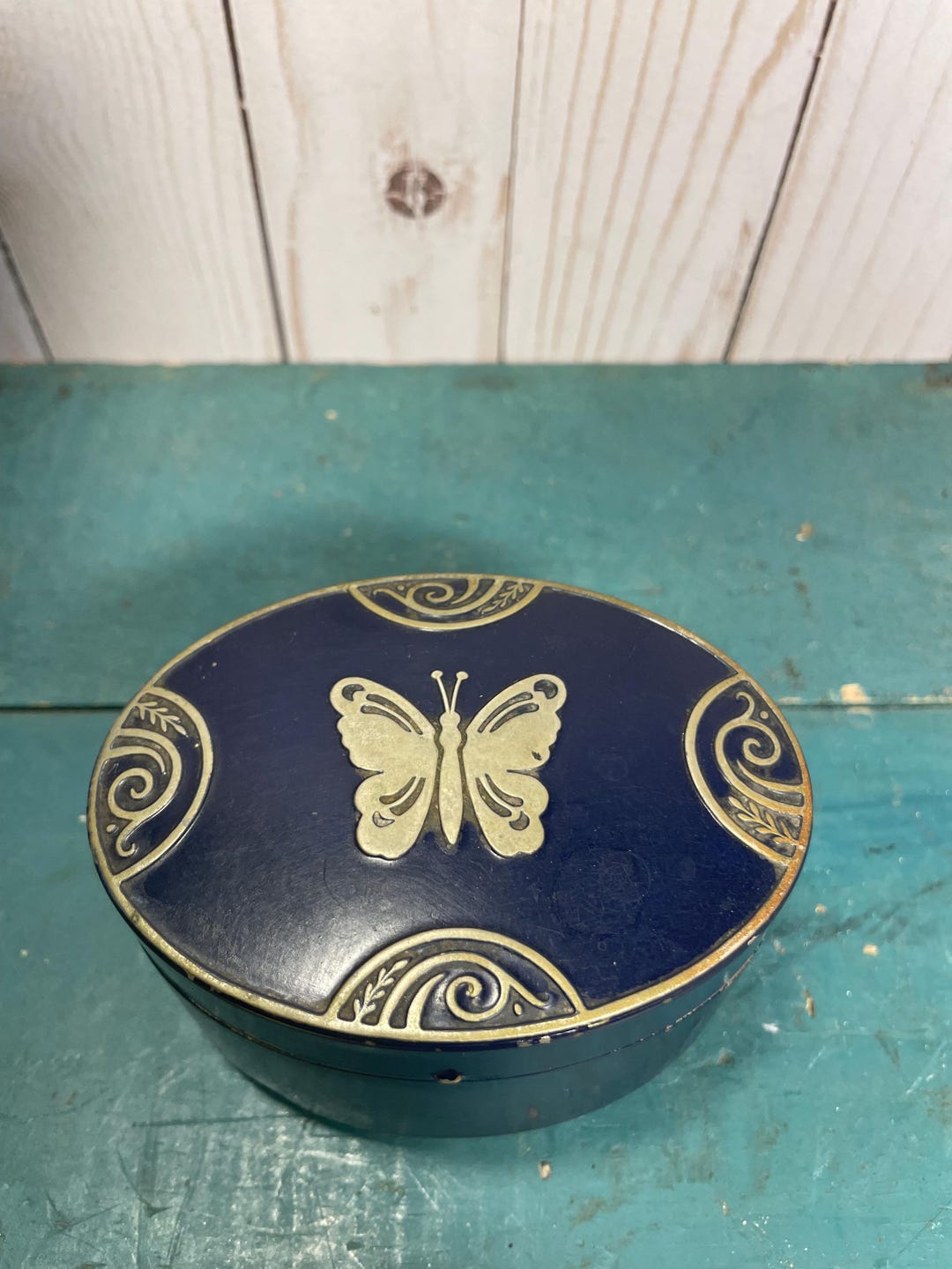 Vintage Face Powder Box, Blue Enamel With Silver Butterfly, Footed ...