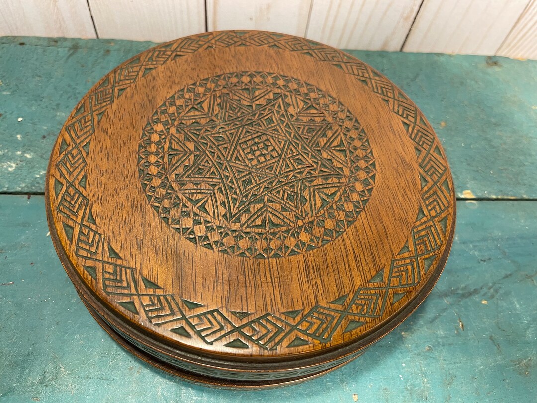 Vintage Marked Box, Hand Carved Round Wooden Box, Painted Details With ...