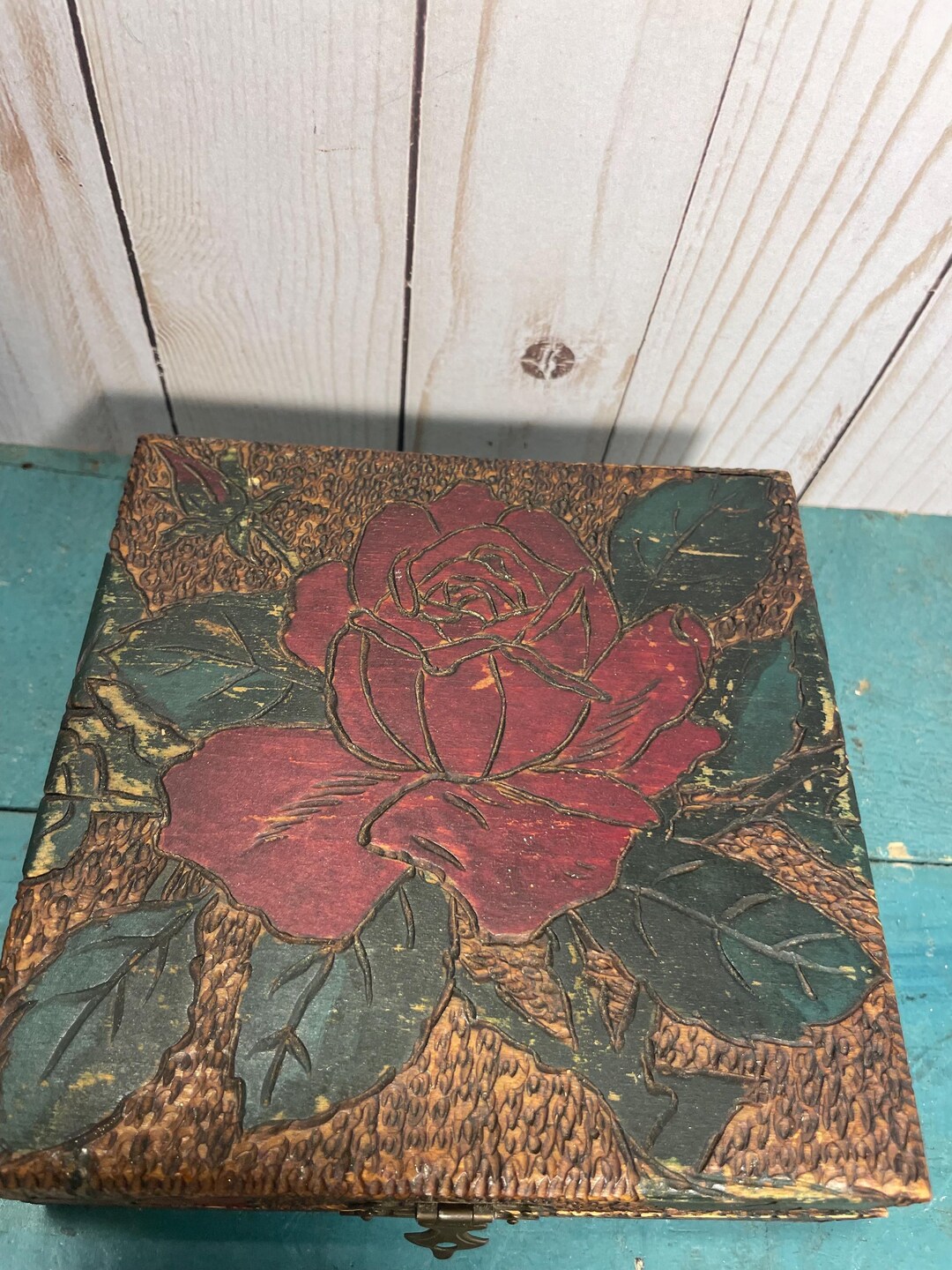 Victorian Pyrography Wooden Vanity Box, With Red Roses, Folk Art ...