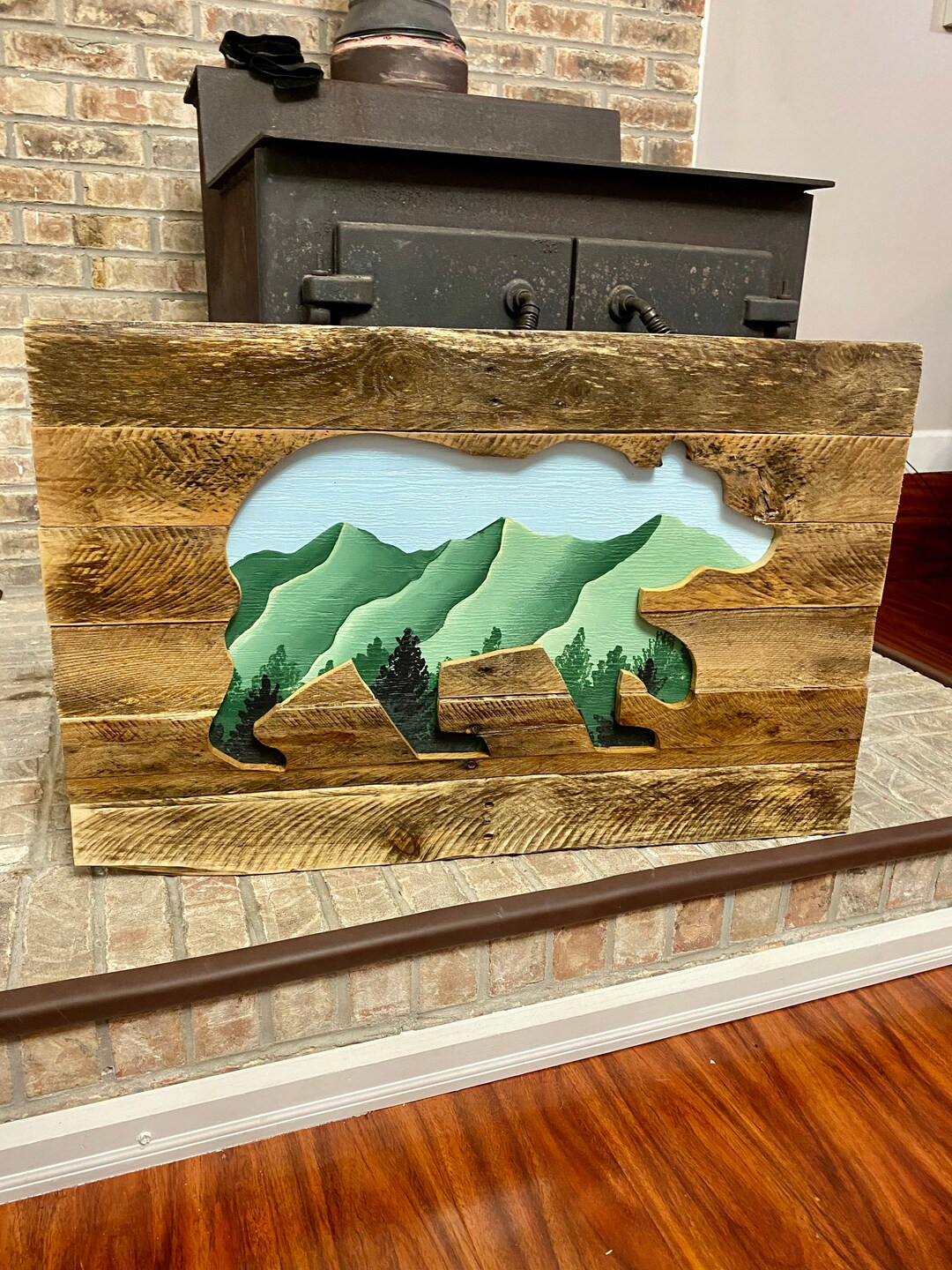 Wood Bear With Mountain Scene - Handmade From Pallet Wood (green ...