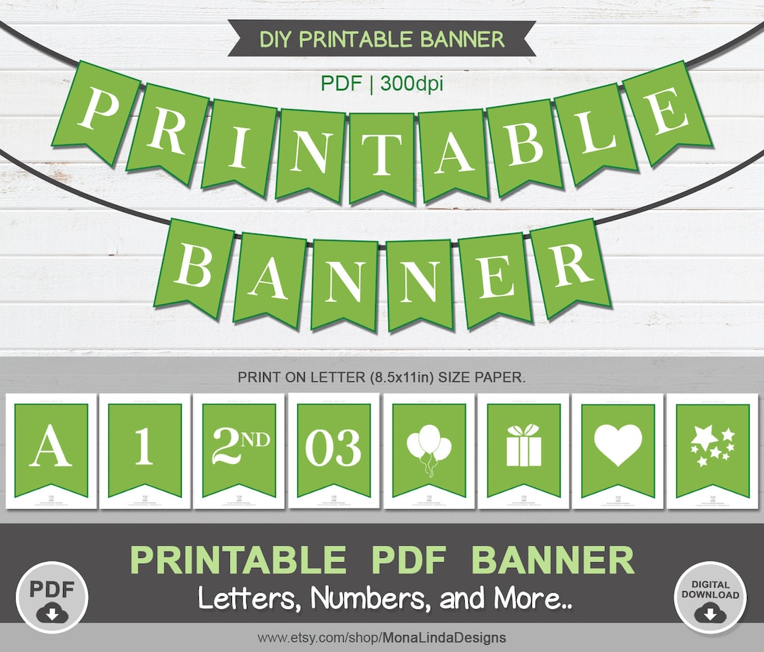 Printable PDF BANNER / Green and White Printable PDF Alphabet Letter ...