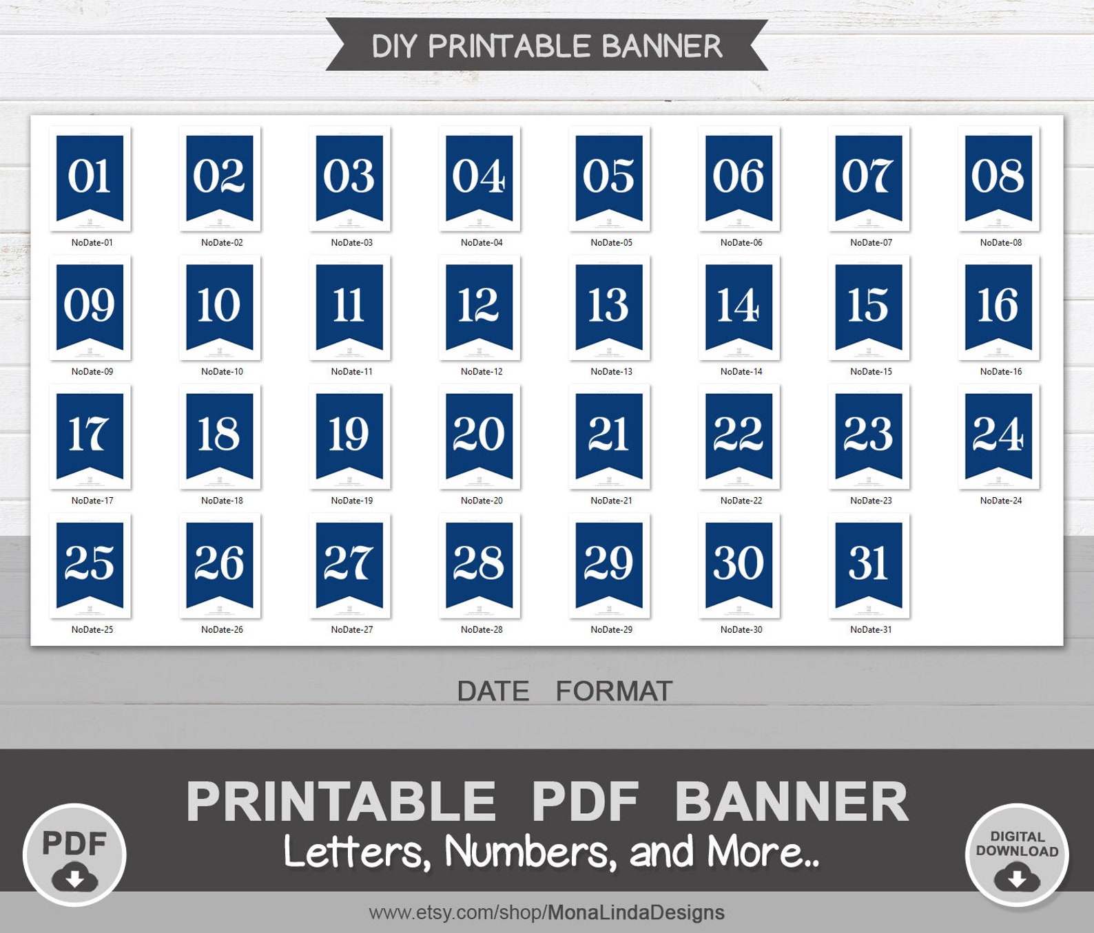 Printable PDF BANNER / Navy Blue and White Printable PDF Alphabet ...