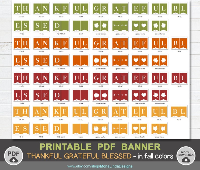 Thankful Grateful Blessed Printable PDF BANNER, Fall Banner, Printable ...