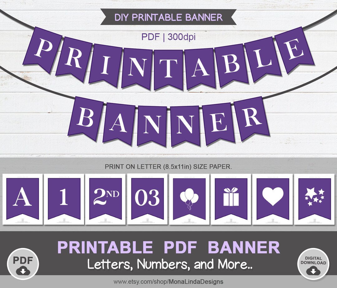 Printable PDF BANNER / Purple and White Printable PDF Alphabet Letter ...
