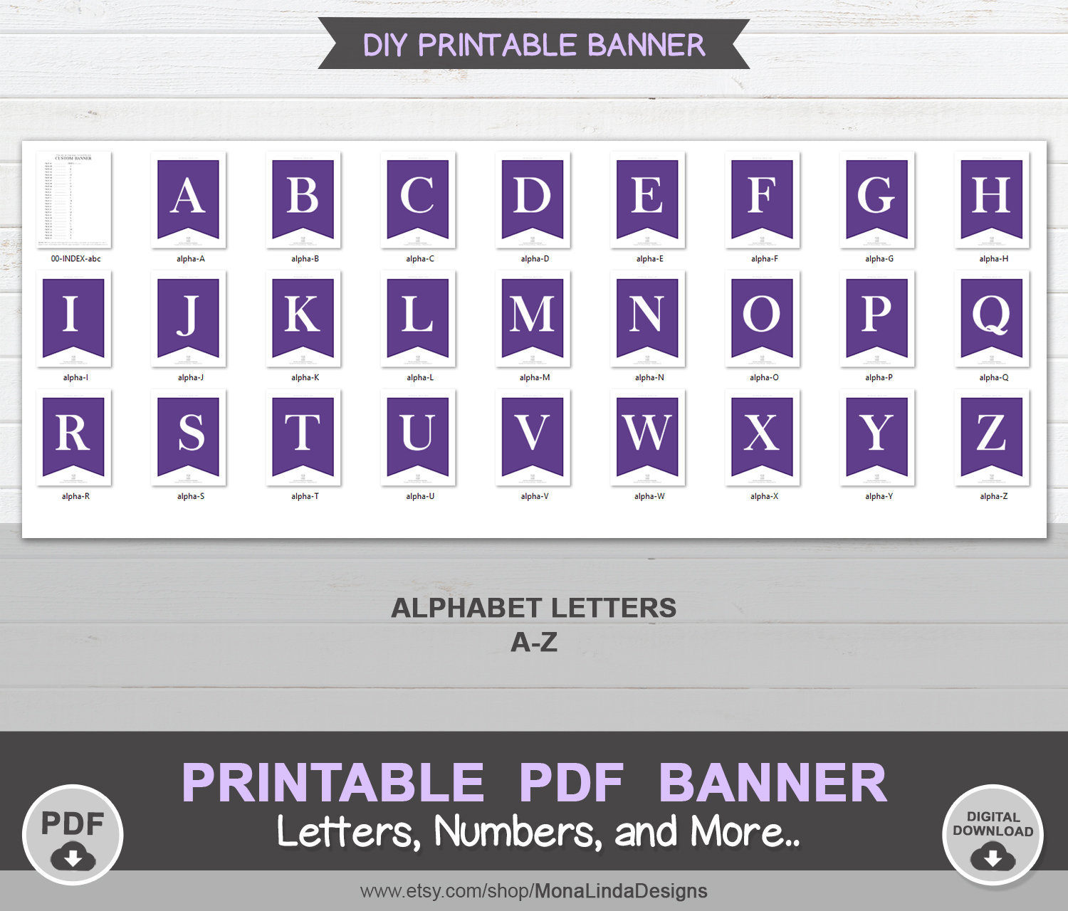 Printable PDF BANNER / Purple and White Printable PDF Alphabet - Etsy