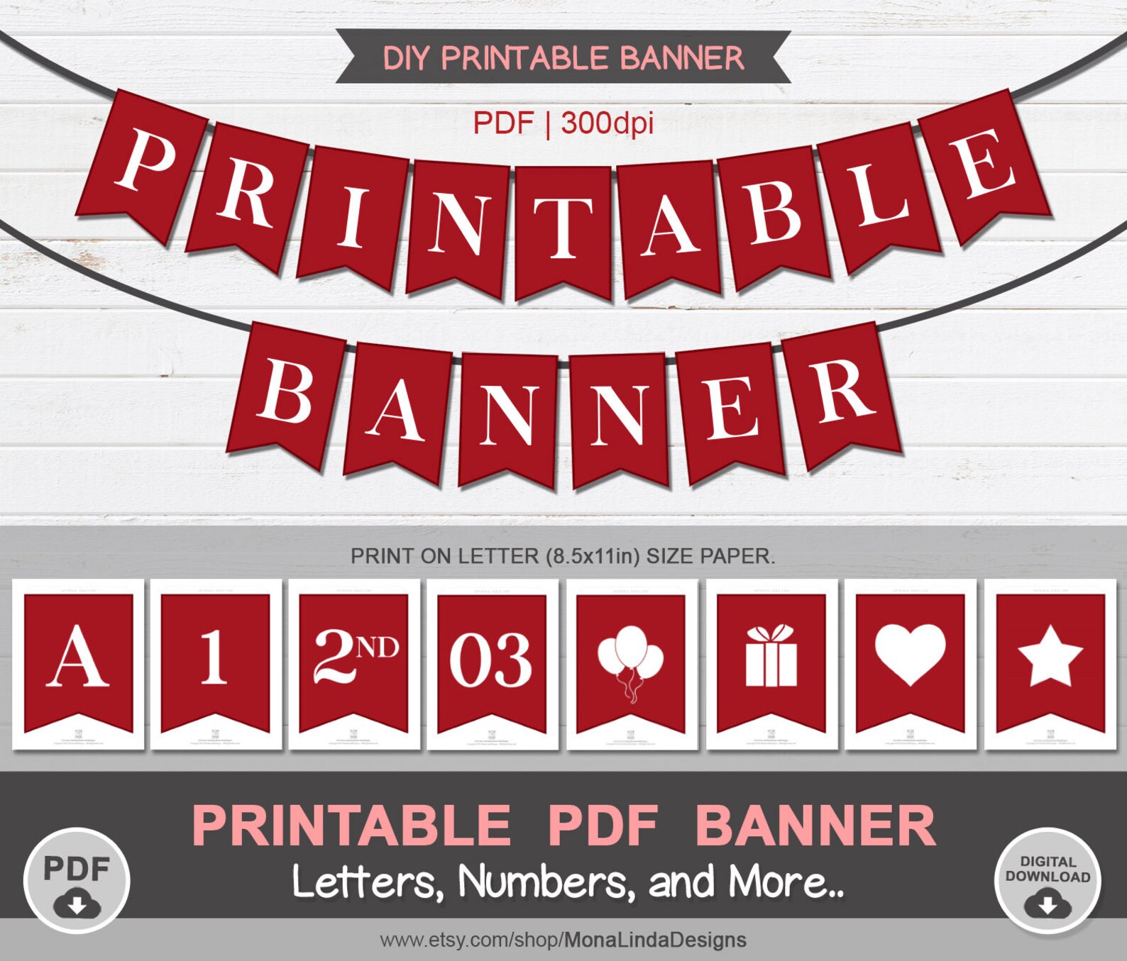 Printable PDF BANNER / Red and White Printable PDF Alphabet Letter ...