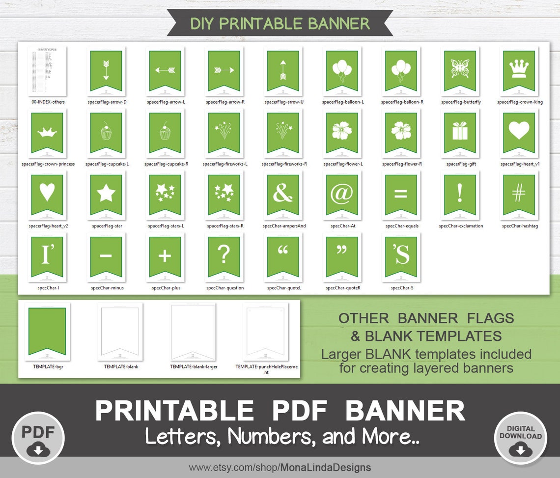 Printable PDF BANNER / Green and White Printable PDF Alphabet | Etsy