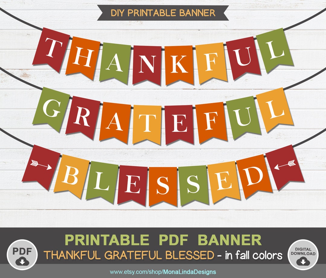 Thankful Grateful Blessed Printable PDF BANNER, Fall Banner, Printable ...