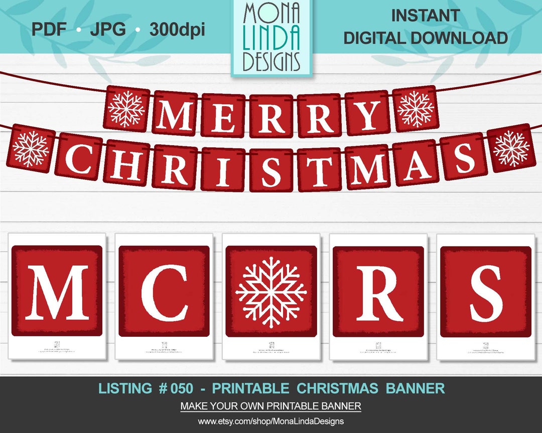 Printable Merry Christmas Banner, DIY Square Christmas Banner, Red and ...