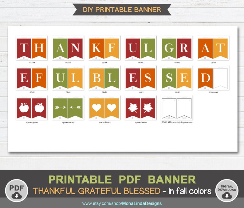 Thankful Grateful Blessed Printable PDF BANNER, Fall Banner, Printable ...
