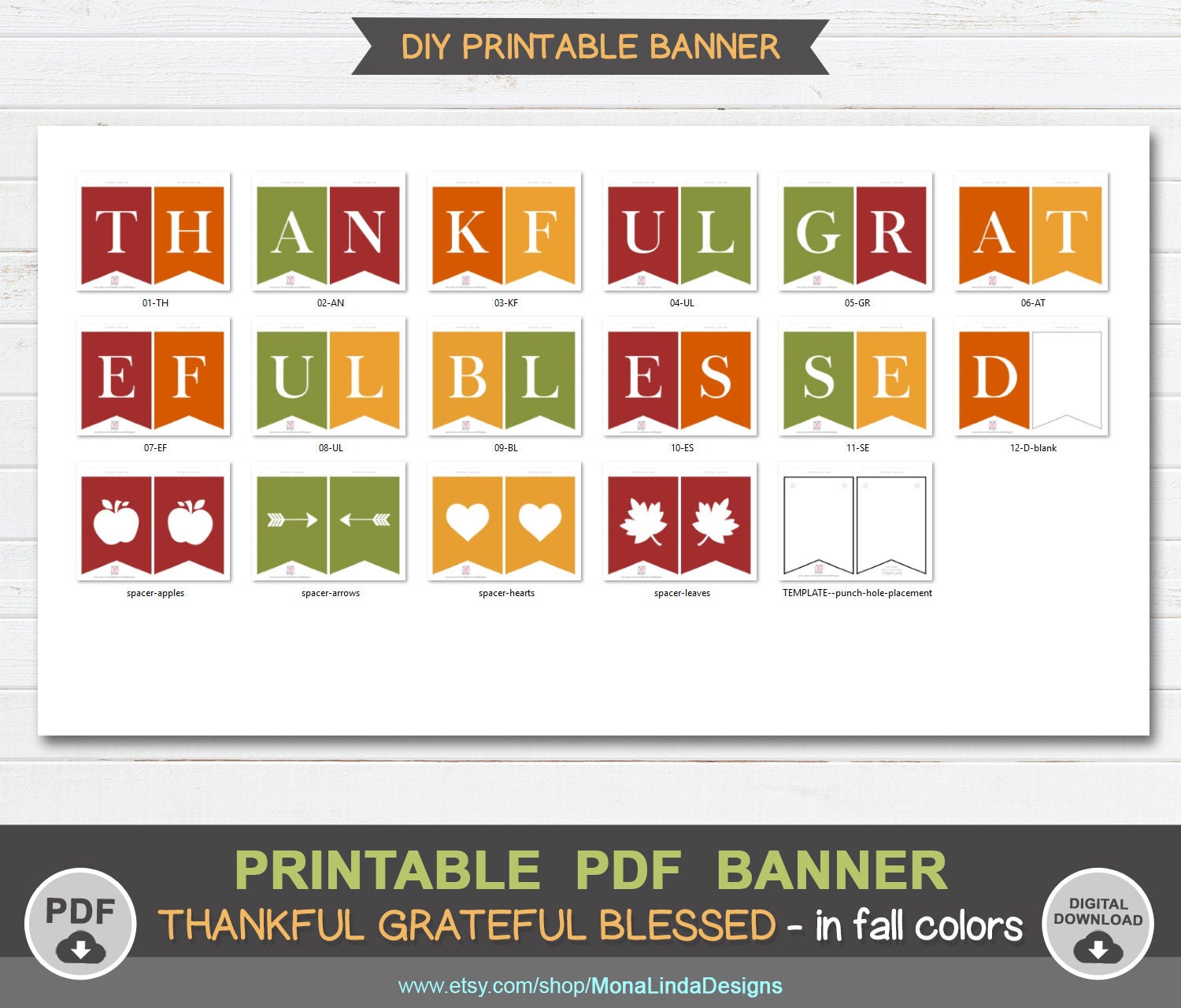 Thankful Grateful Blessed Printable PDF BANNER, Fall Banner, Printable ...