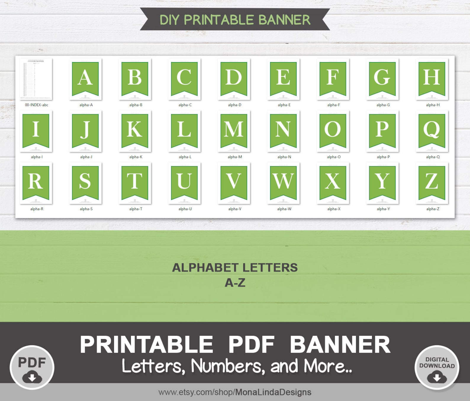 Printable PDF BANNER / Green and White Printable PDF Alphabet | Etsy