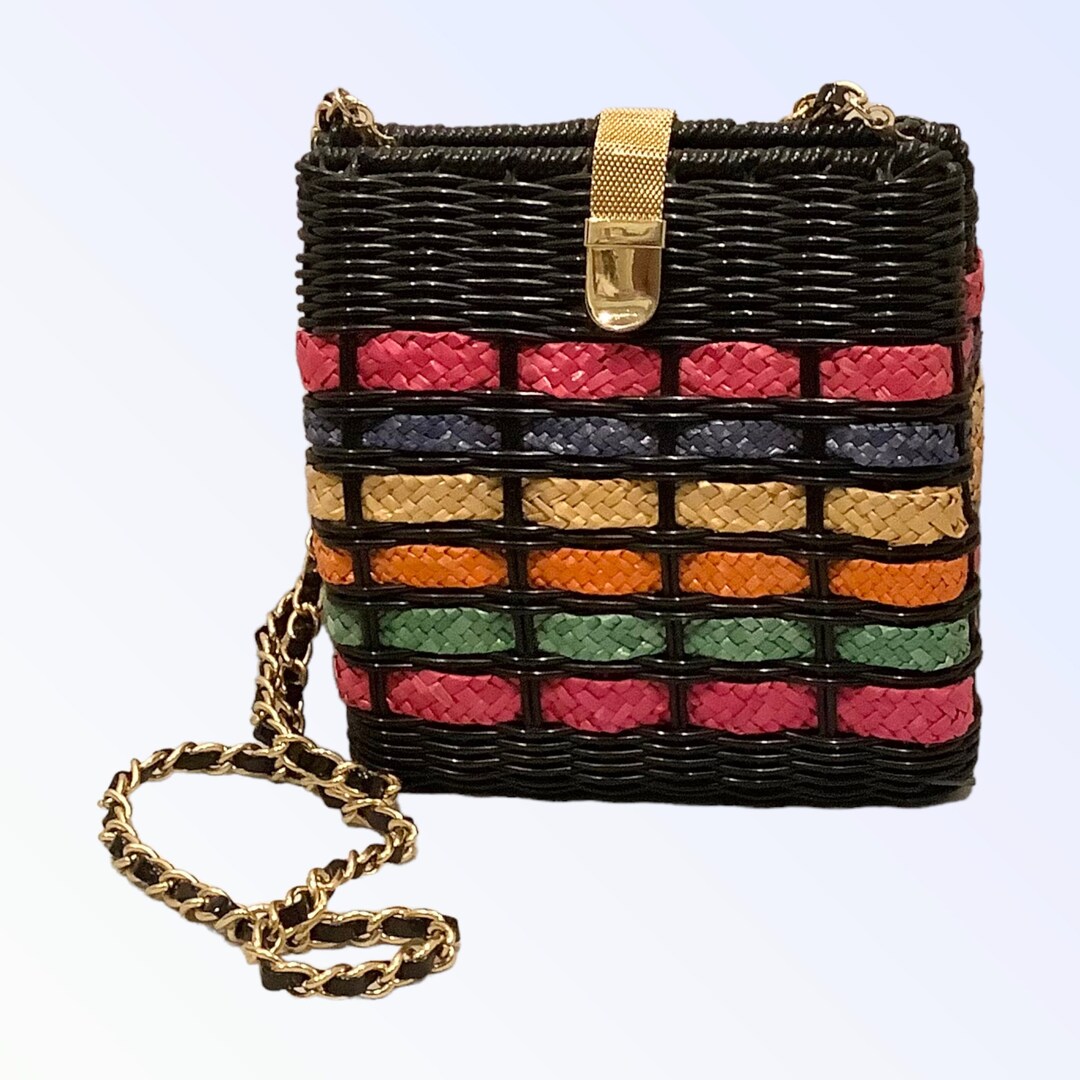 Vintage Black Wicker Crossbody Bag With Bright Color Stripes - Etsy