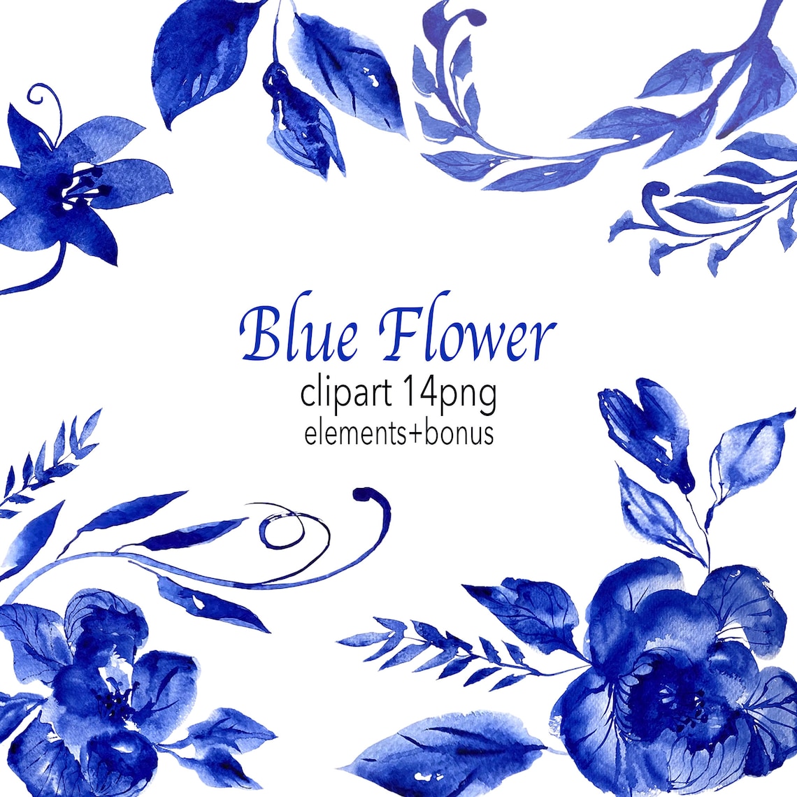Blue Flower Clipart, Watecolor Blue Clipart, Porcelain Blue Clipart ...