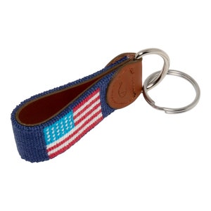 American Flag Needlepoint Keychain - Handmade Key Fob W/ Leather ...