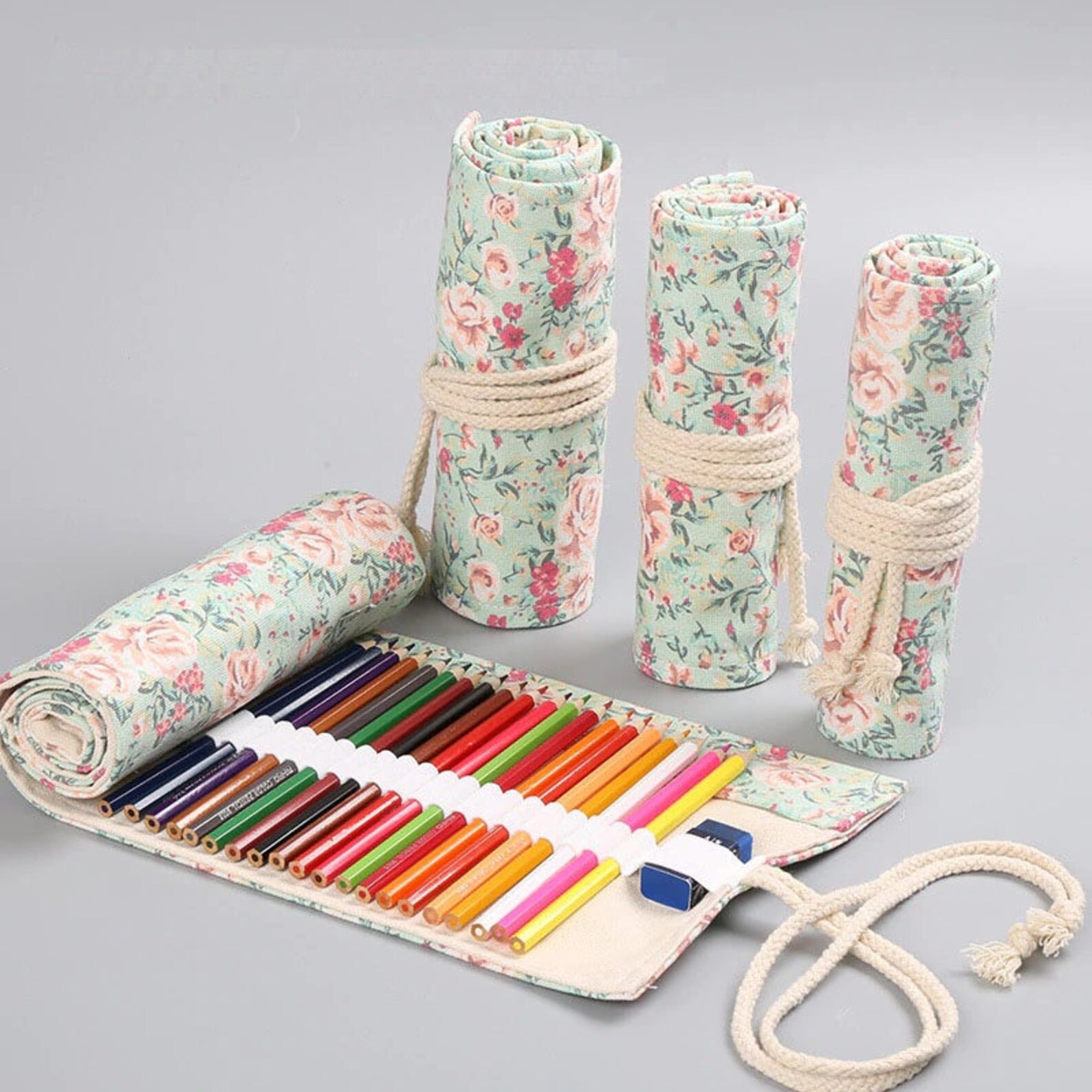 Vintage Canvas Pencil Case Roll | Flower Roll Pencil Pouch | Pencil ...