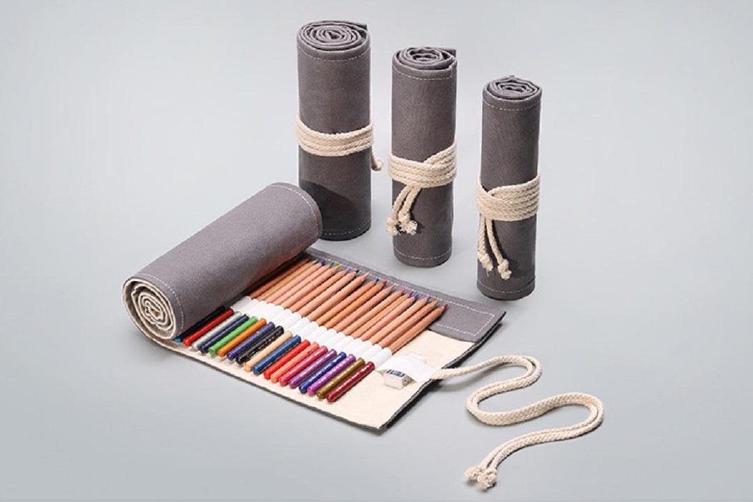 Canvas Pencil Case Roll | Plain Gray Color Roll Pencil Pouch | Pencil ...