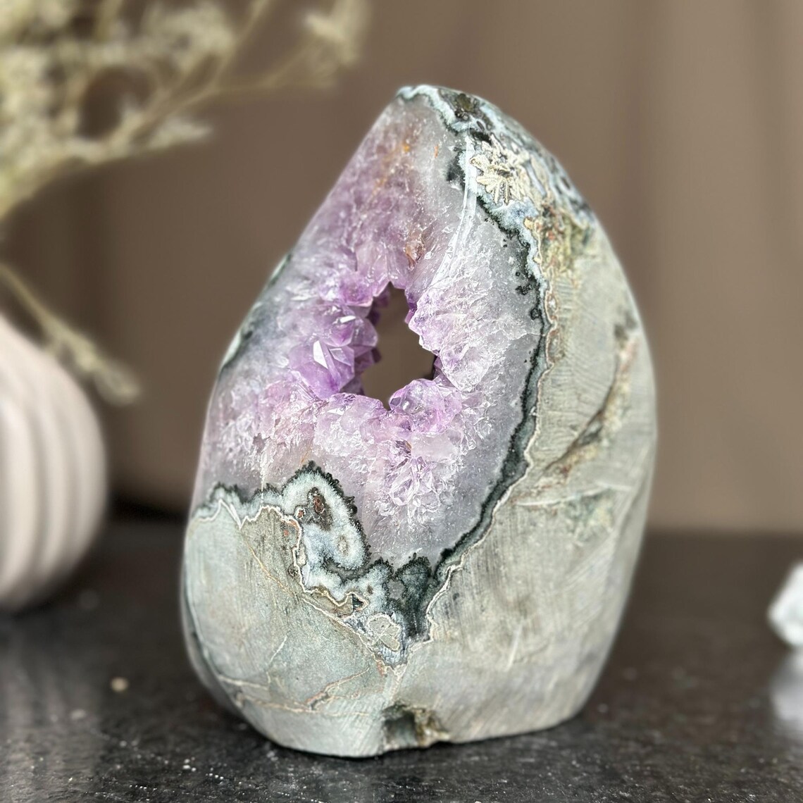 Large Amethyst Flame Geode: Calcite & Agate, Natural Crystal Carving - Etsy