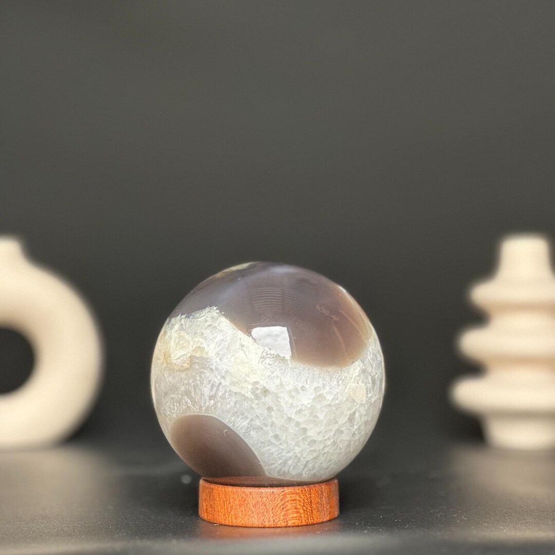 Black and White Agate Sphere With Wood Base Included - Etsy