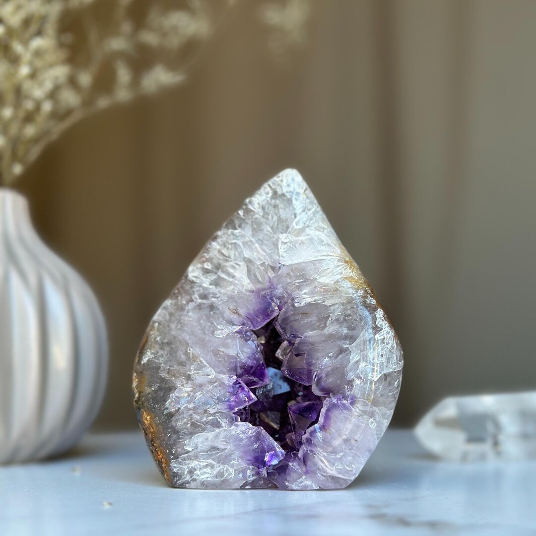 Large Amethyst Flame Geode: Polished Edges, Natural Basalt Base - Etsy