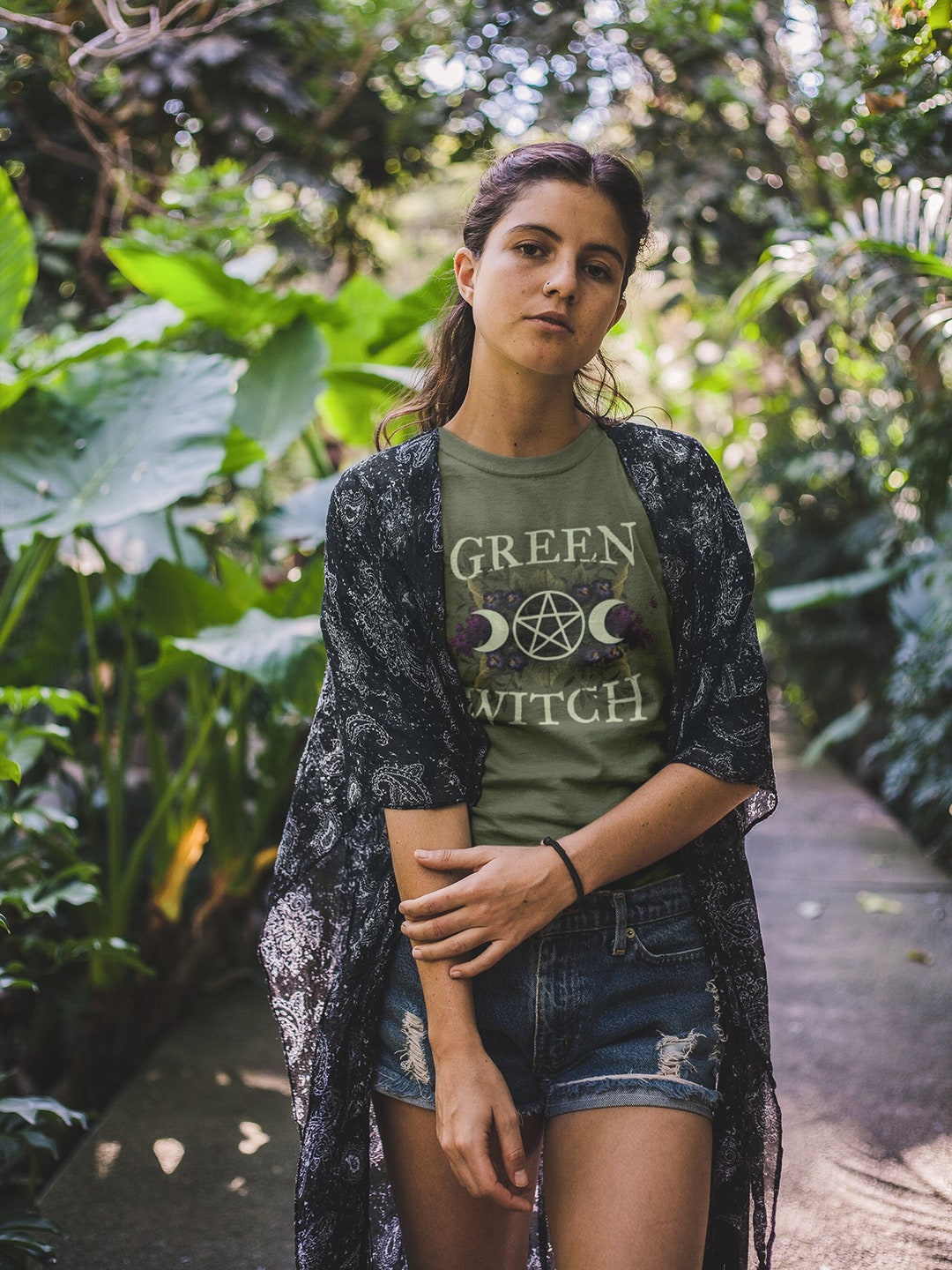 Green Witch Clothing Pentacle Botanical Shirt, Oversized Plant Witch ...