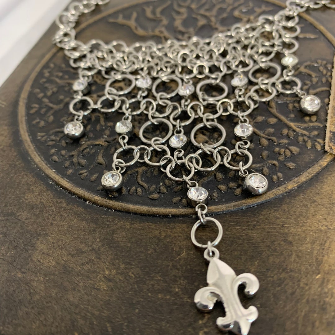 Chainmail Bib Necklace Chainmail Lace, White Rhinestones and Fleur De ...