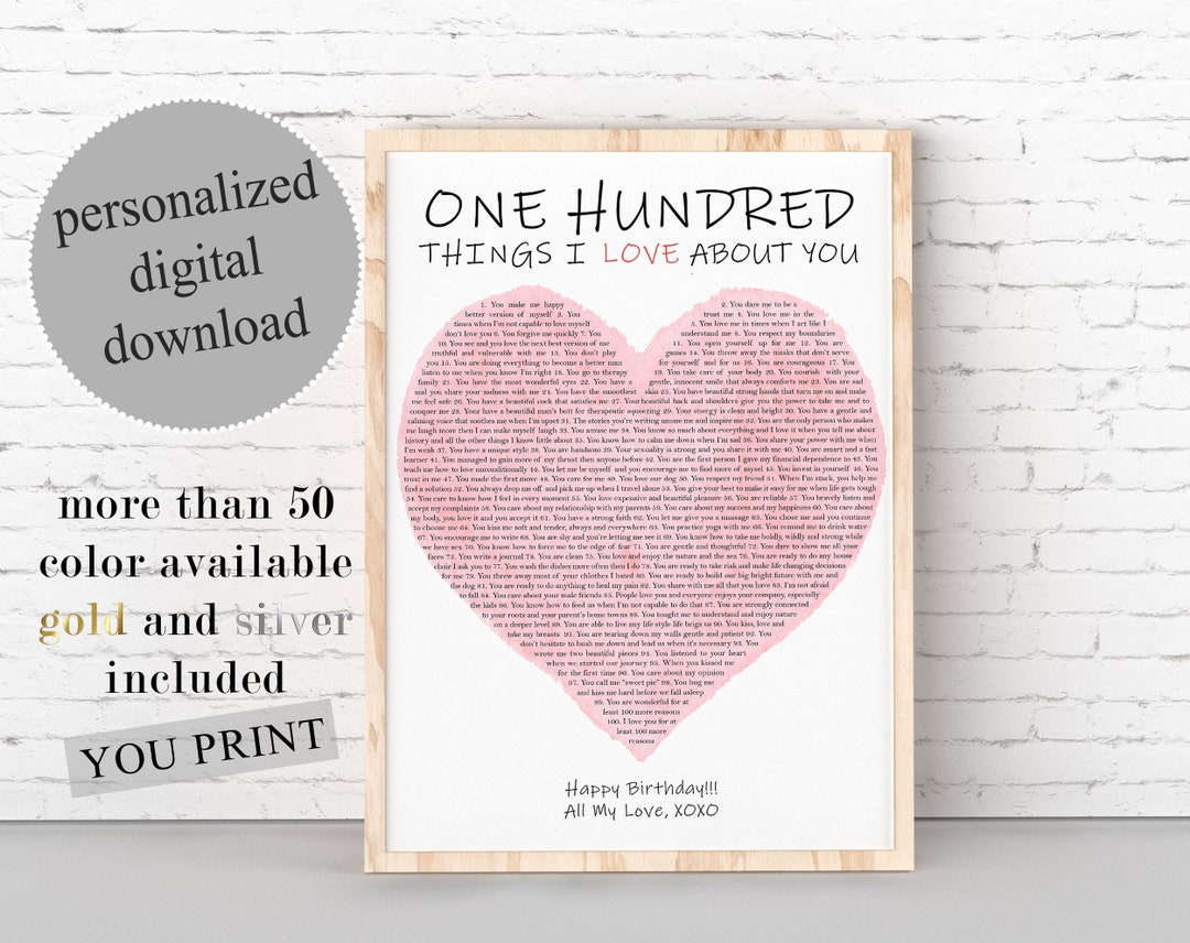 Personalized 100 Reasons I Love You Print: Birthday Gift (digital ...