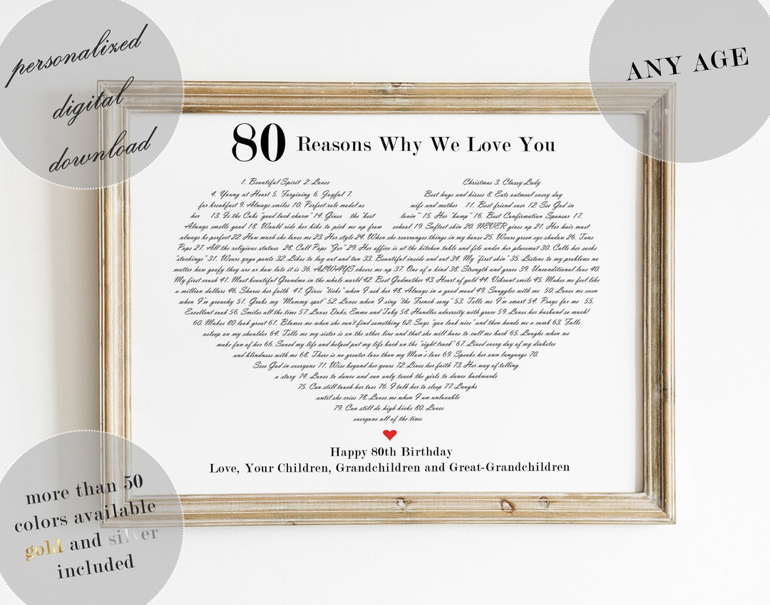 80 Reasons Why We Love You Personalized 80th Birthday T For