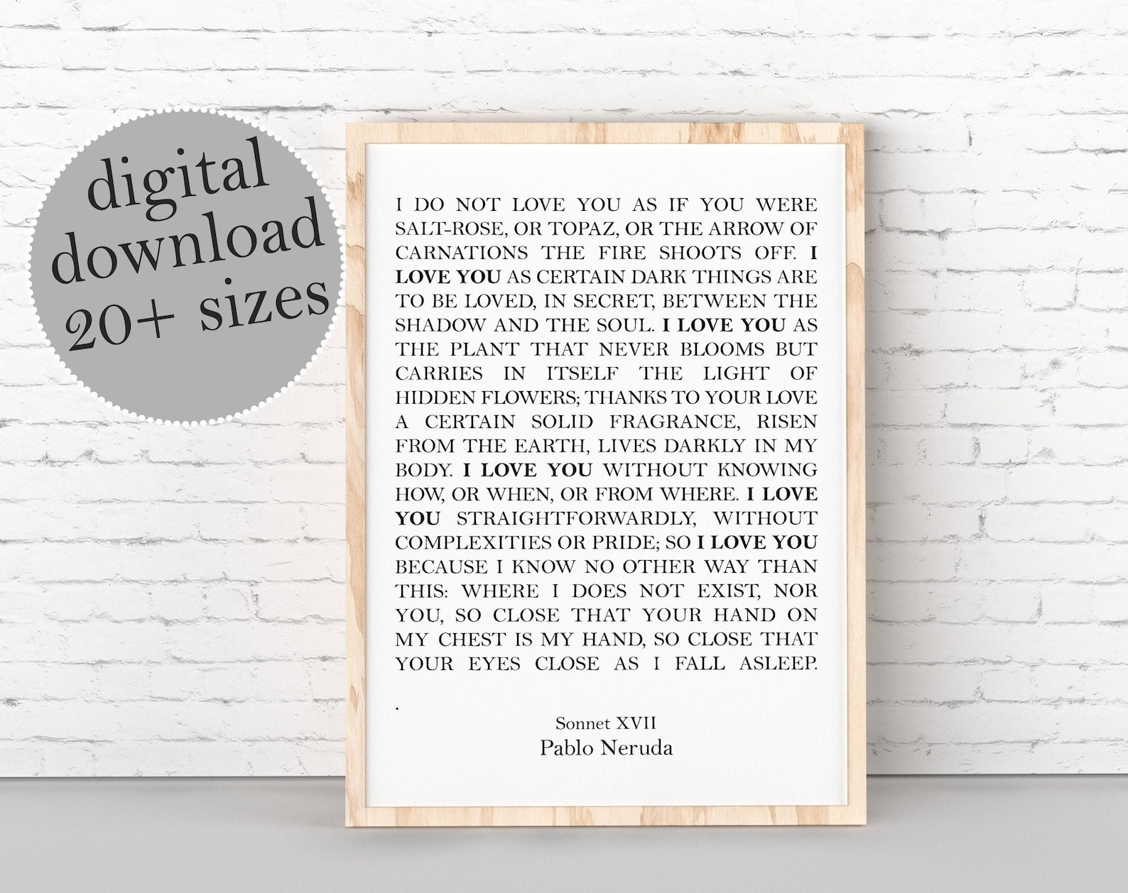 Pablo Neruda Sonnet XVII: Love Poem Art Print (digital Download) - Etsy