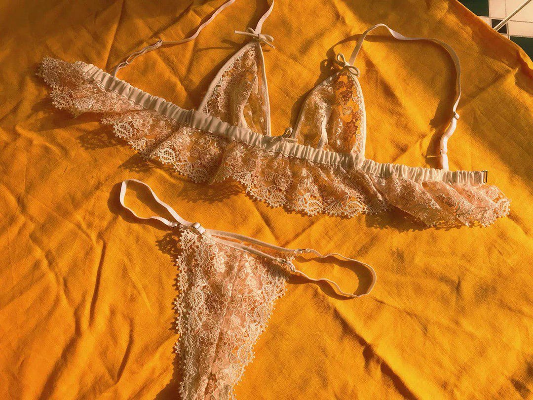 Boho Lace Lingerie Set - Handmade Sheer Bralette and Panty - Ruffle ...