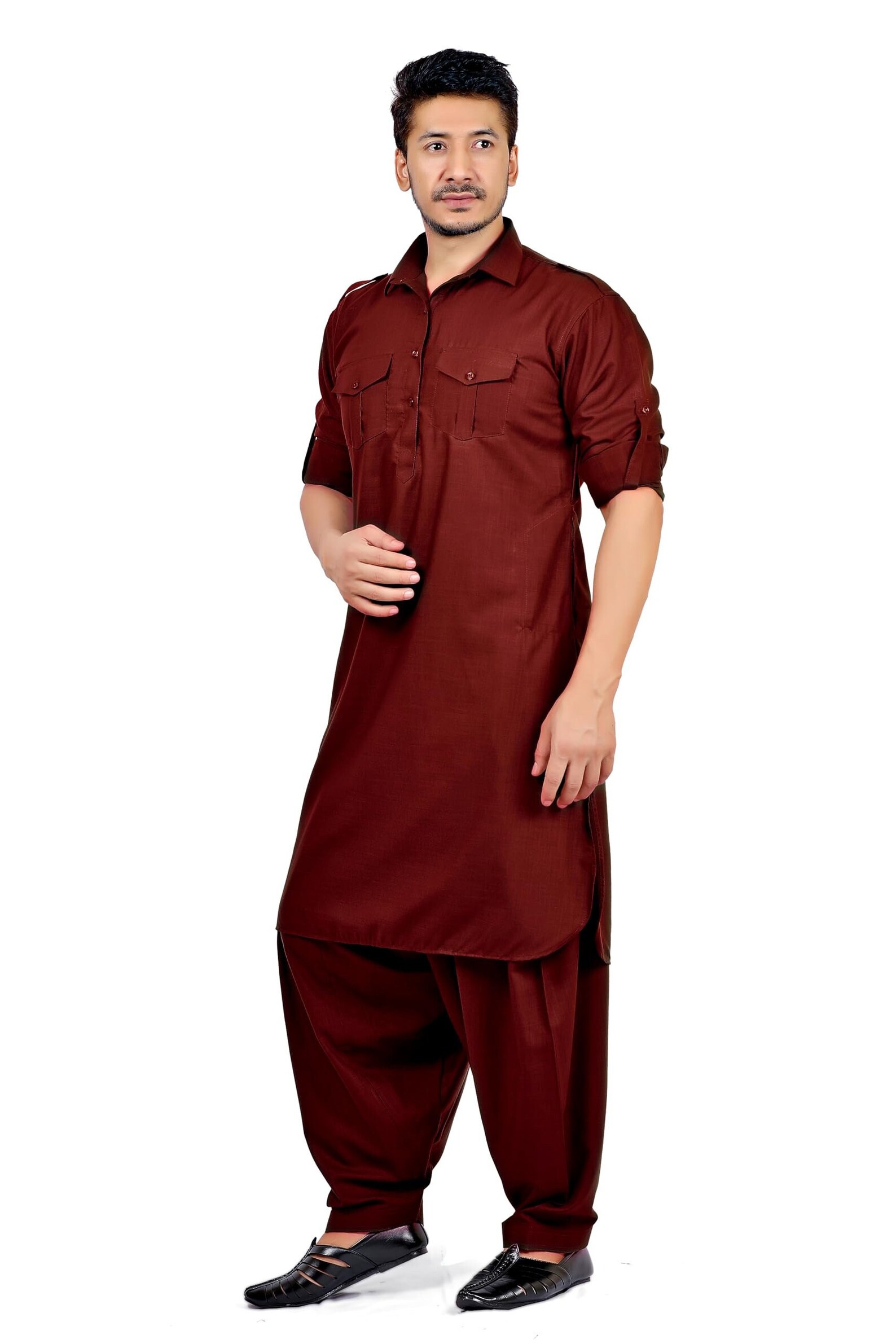 Pakistani Men's 100% Cotton Solid Plain Maroon Pathani Kurta With ...