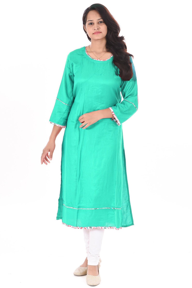 Indian Women's Long Kurti Cotton Frock Suit Bohemian Solid Teal Color ...