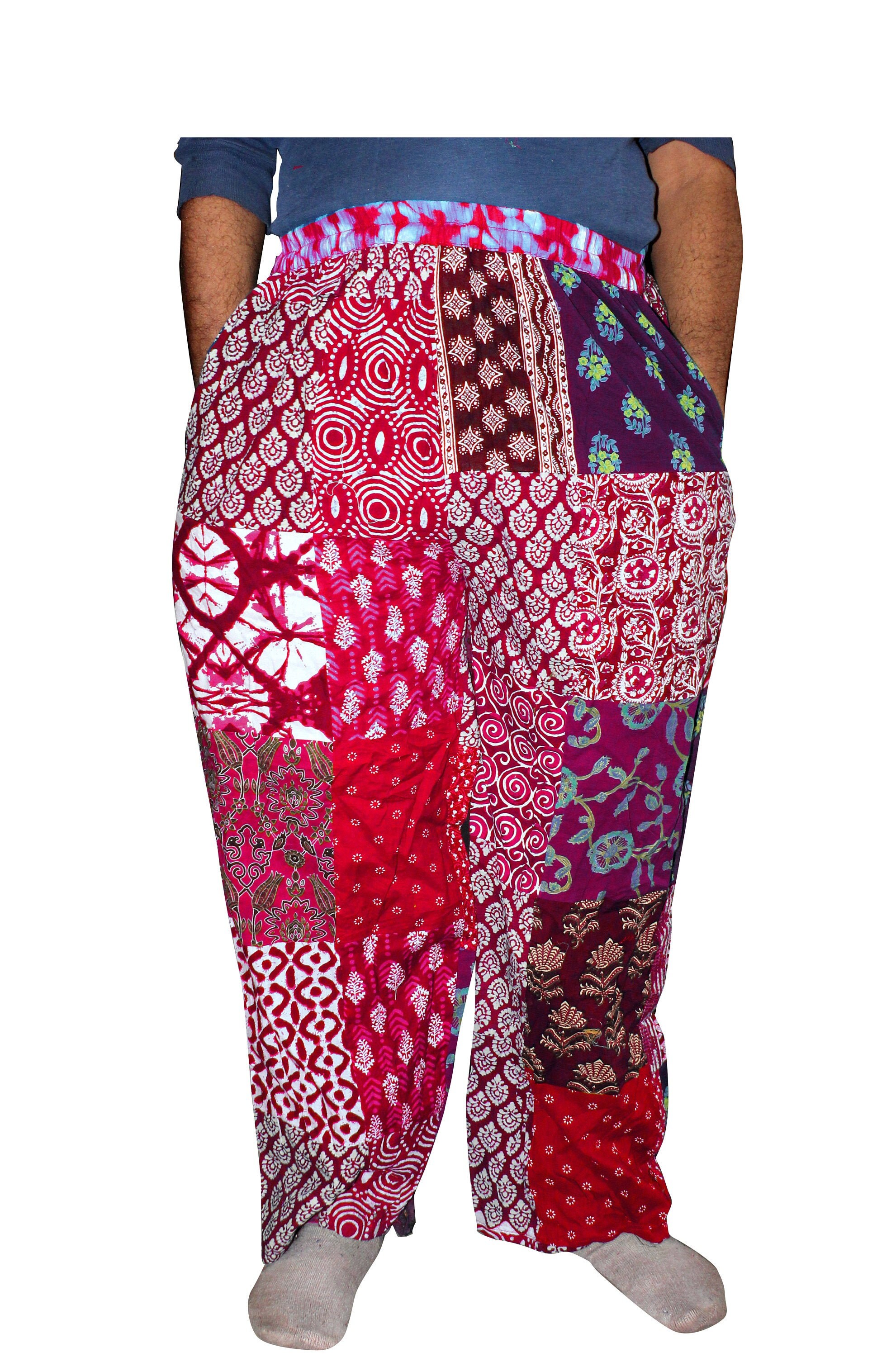Indian Pants Men's Cotton Red Patchwork Beach Wear Baggy Pajama Casual ...