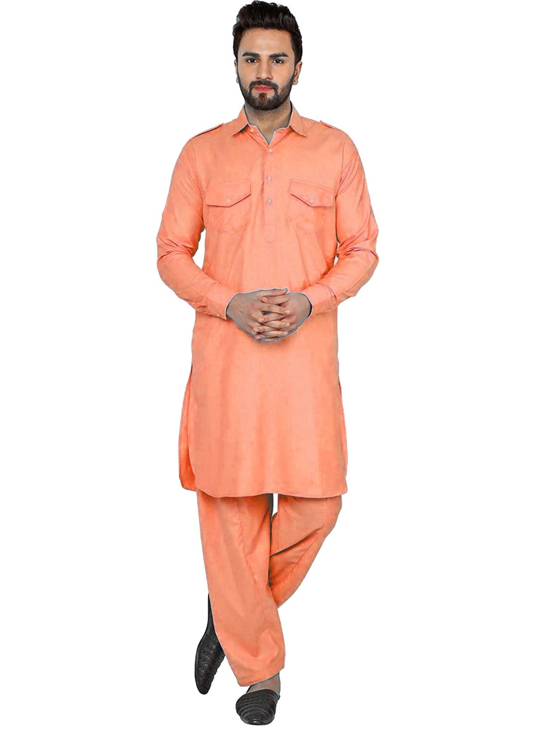 Men's Cotton Pathani Shirt Solid Orange Pakistani Plain Kurta Kameez ...