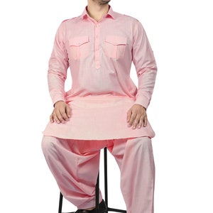 Pakistani Men's 100% Cotton Solid Plain Pink Pathani Kurta With Salwar ...