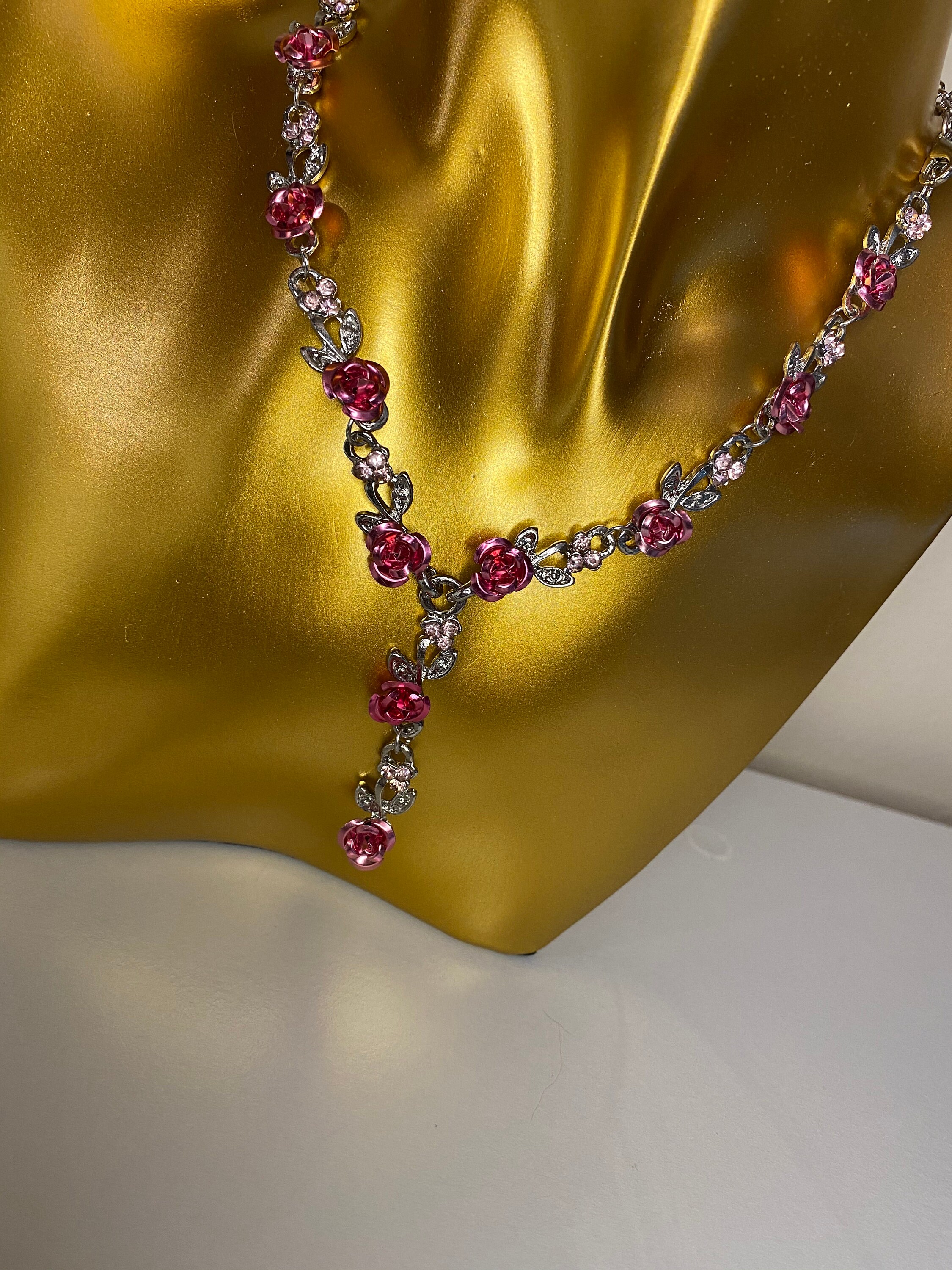 Pink rose necklace and earrings set | Etsy