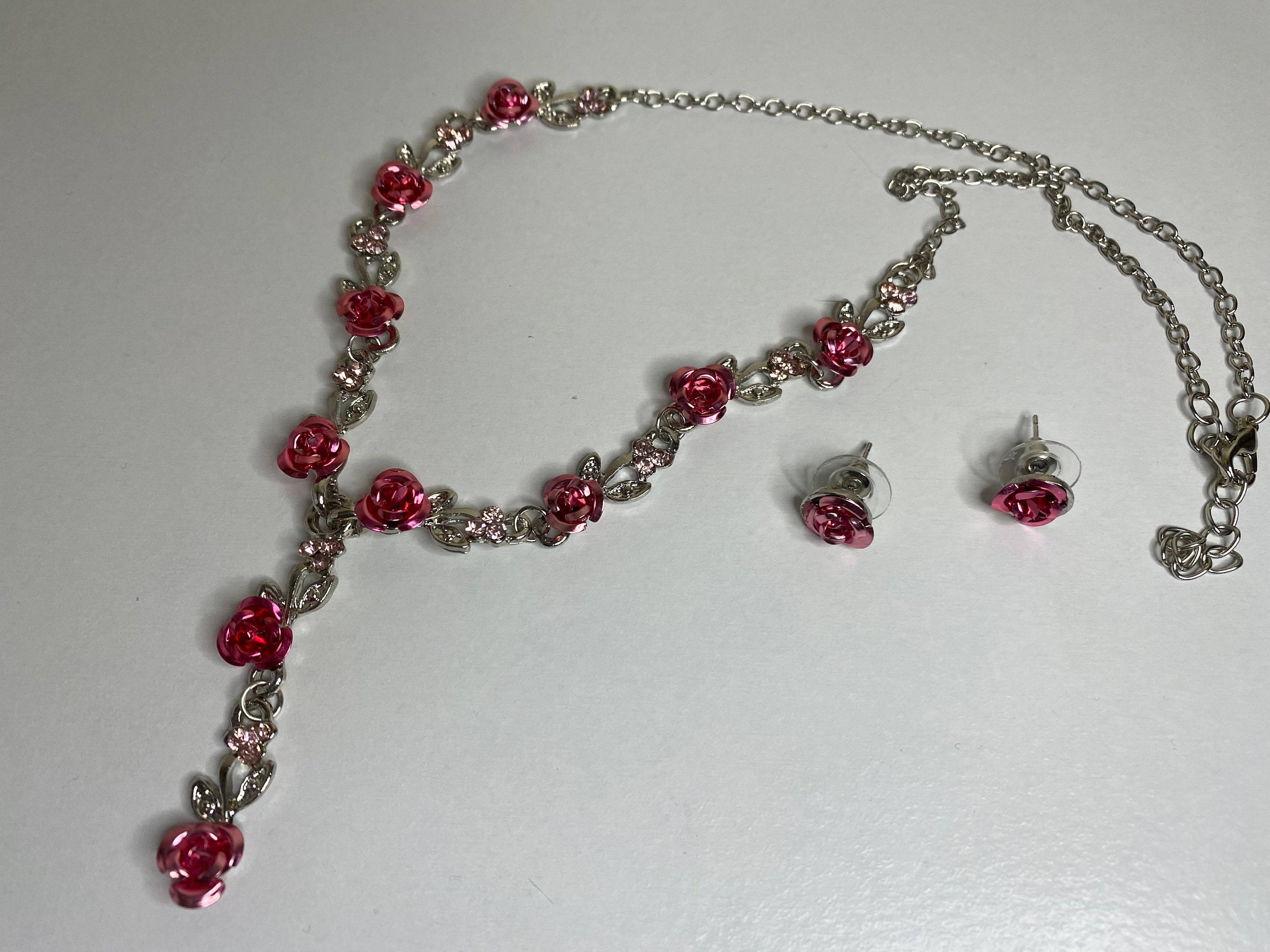 Pink rose necklace and earrings set | Etsy