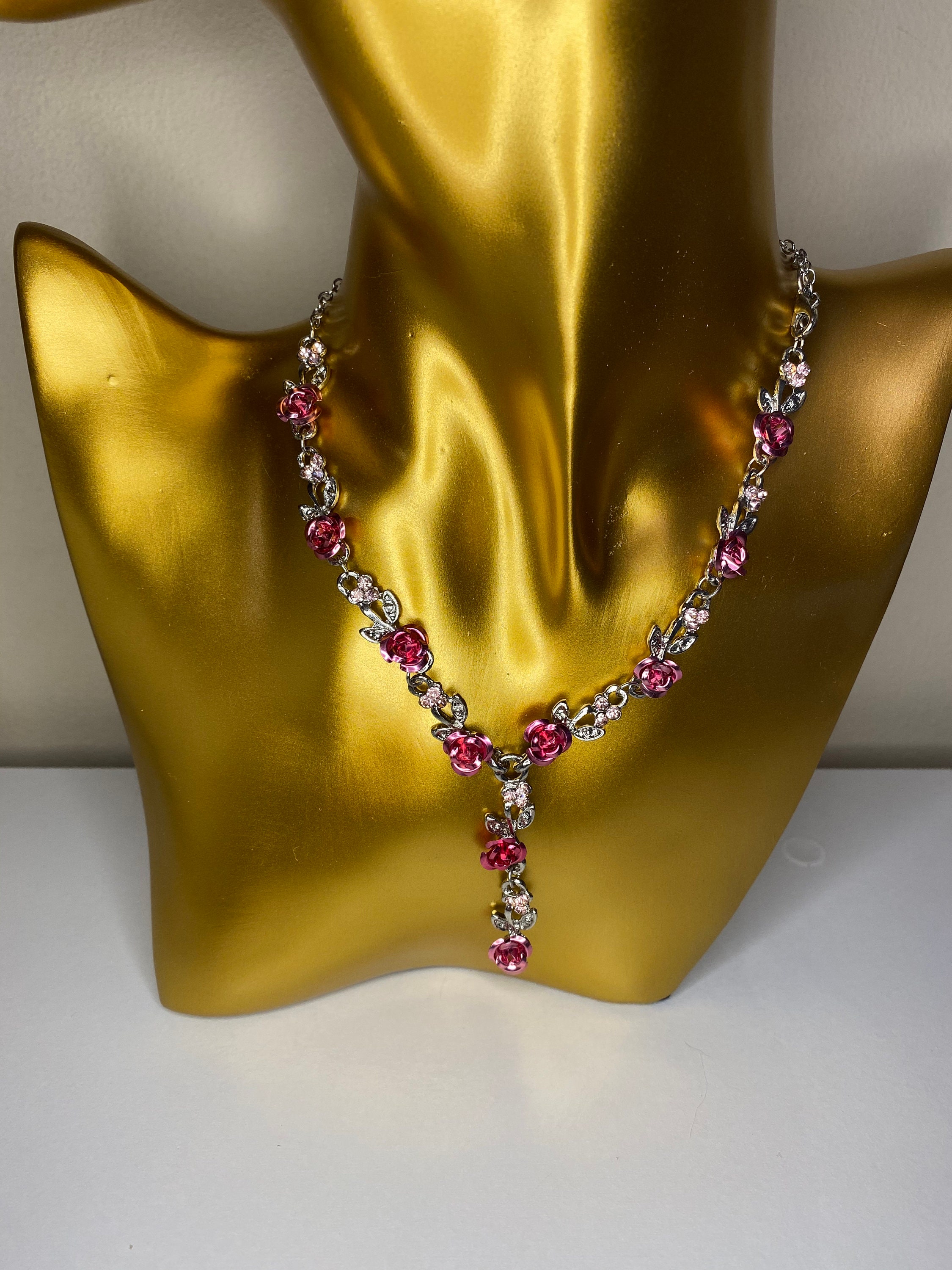 Pink rose necklace and earrings set | Etsy