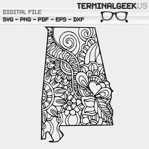 US State Alabama Zentangle Mandala SVG Png Dxf Eps Pdf - Etsy