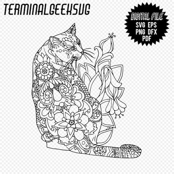 Zentangle Cat Coloring Pages Cat Coloring Page, Cat Mandala, Adult